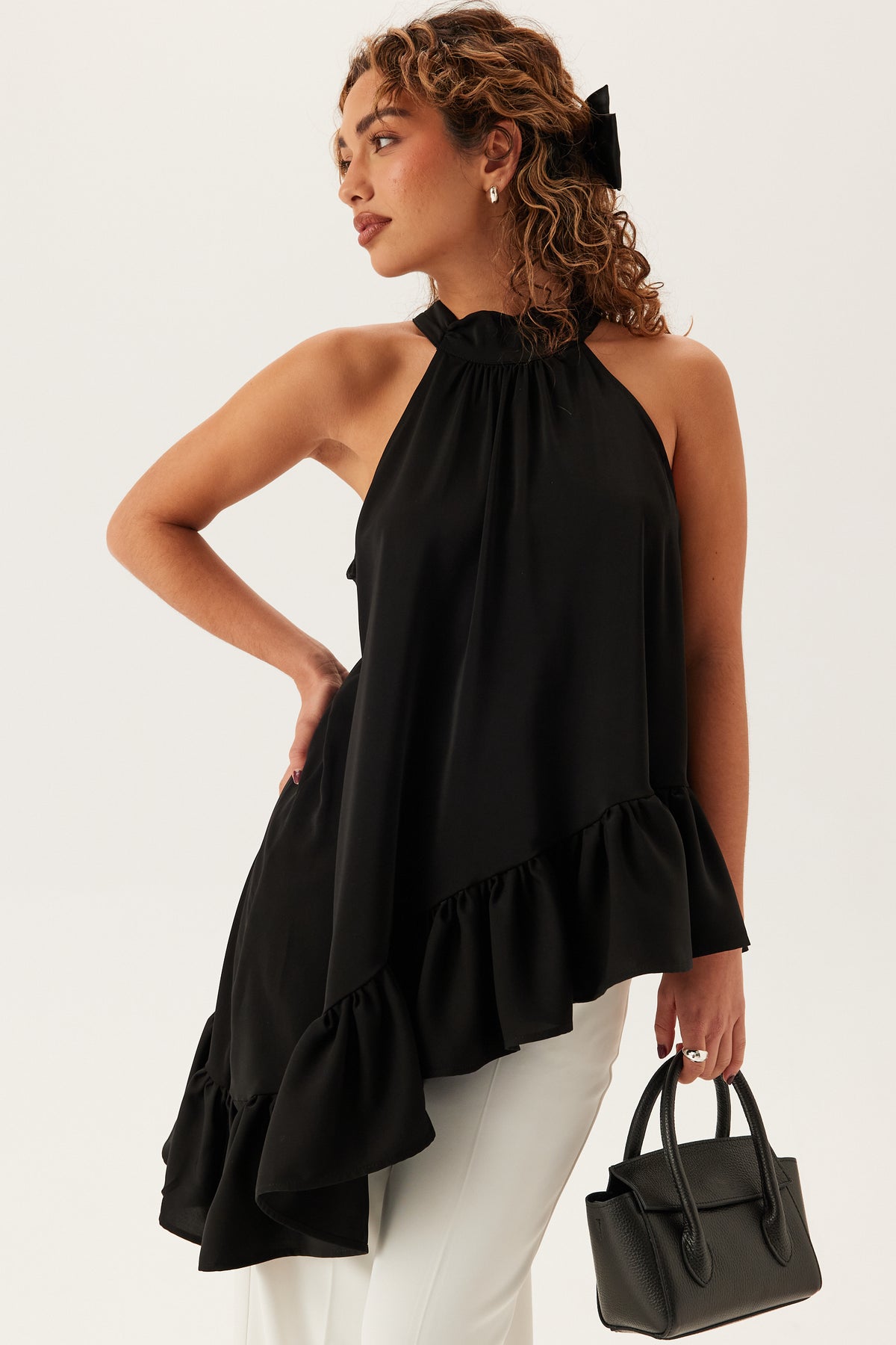 Bubbleroom - BUBBLEROOM - Asymmetric Halter Neck Blouse Black