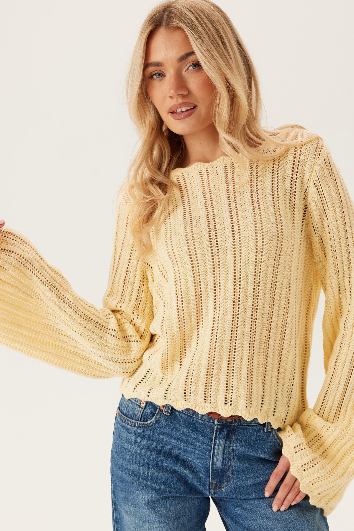 Bubbleroom - BUBBLEROOM - Boat Neck Structure Knitted Sweater Light yellow