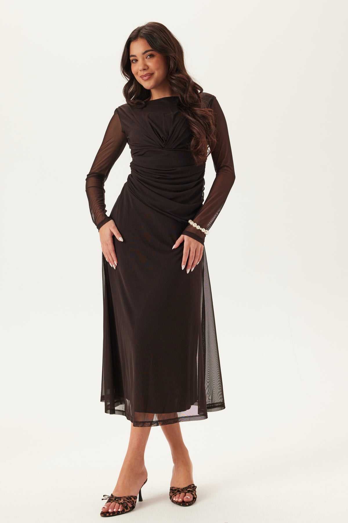 Bubbleroom - BUBBLEROOM - Drapy Twist Mesh Dress Brown