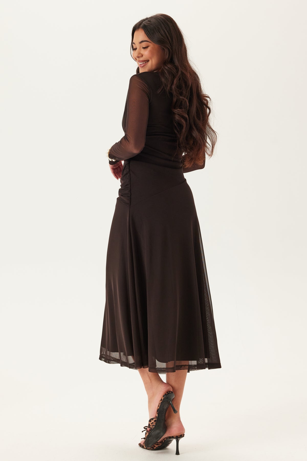 Bubbleroom - BUBBLEROOM - Drapy Twist Mesh Dress Brown