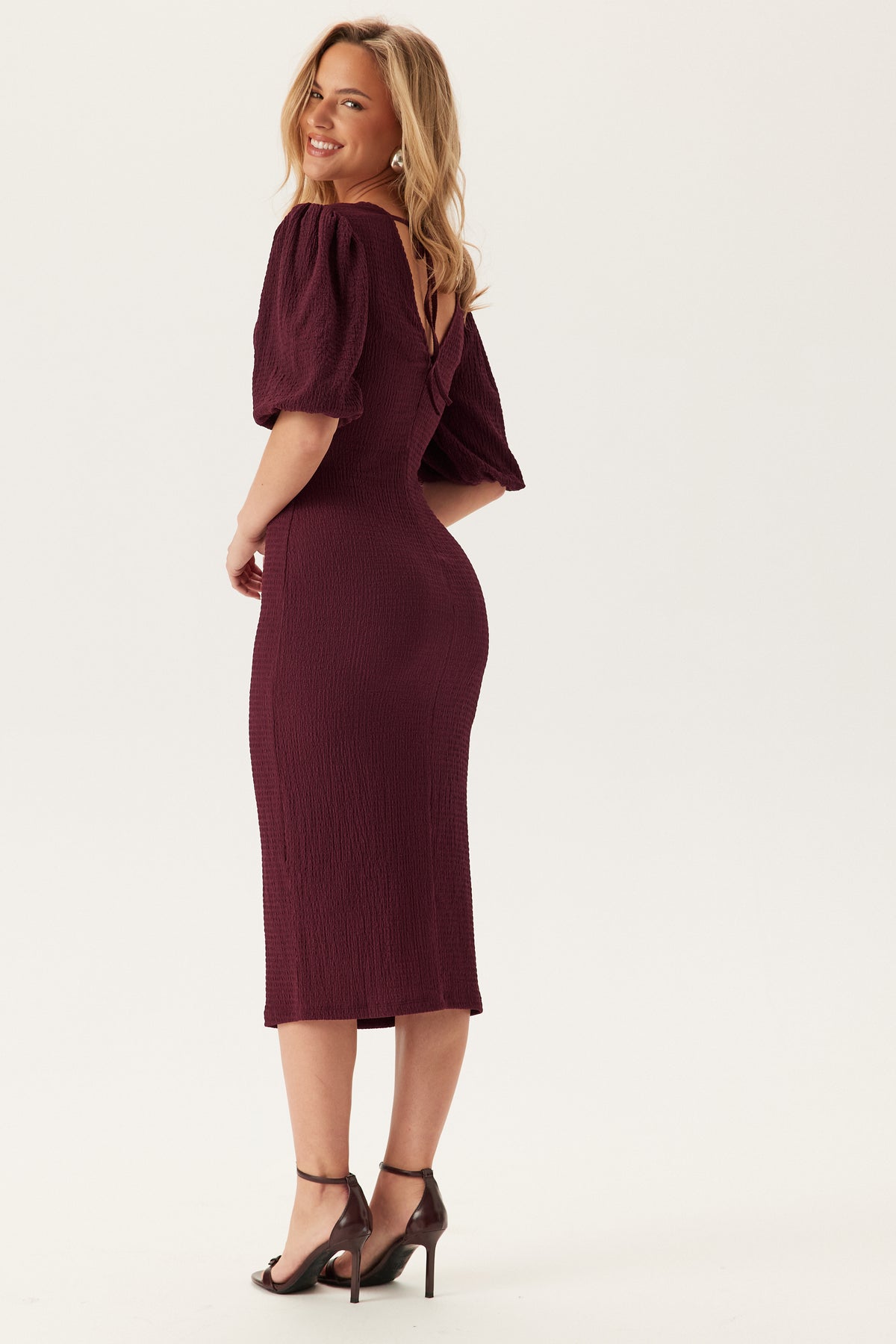 Bubbleroom – Structure Puff Sleeve Dress – Burgundy – Red