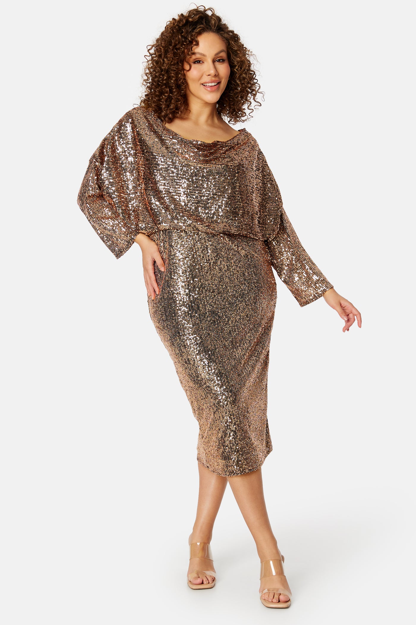 Goddiva curve - Goddiva Curve - Sequin Cowl Neck Midi Dress Champagne