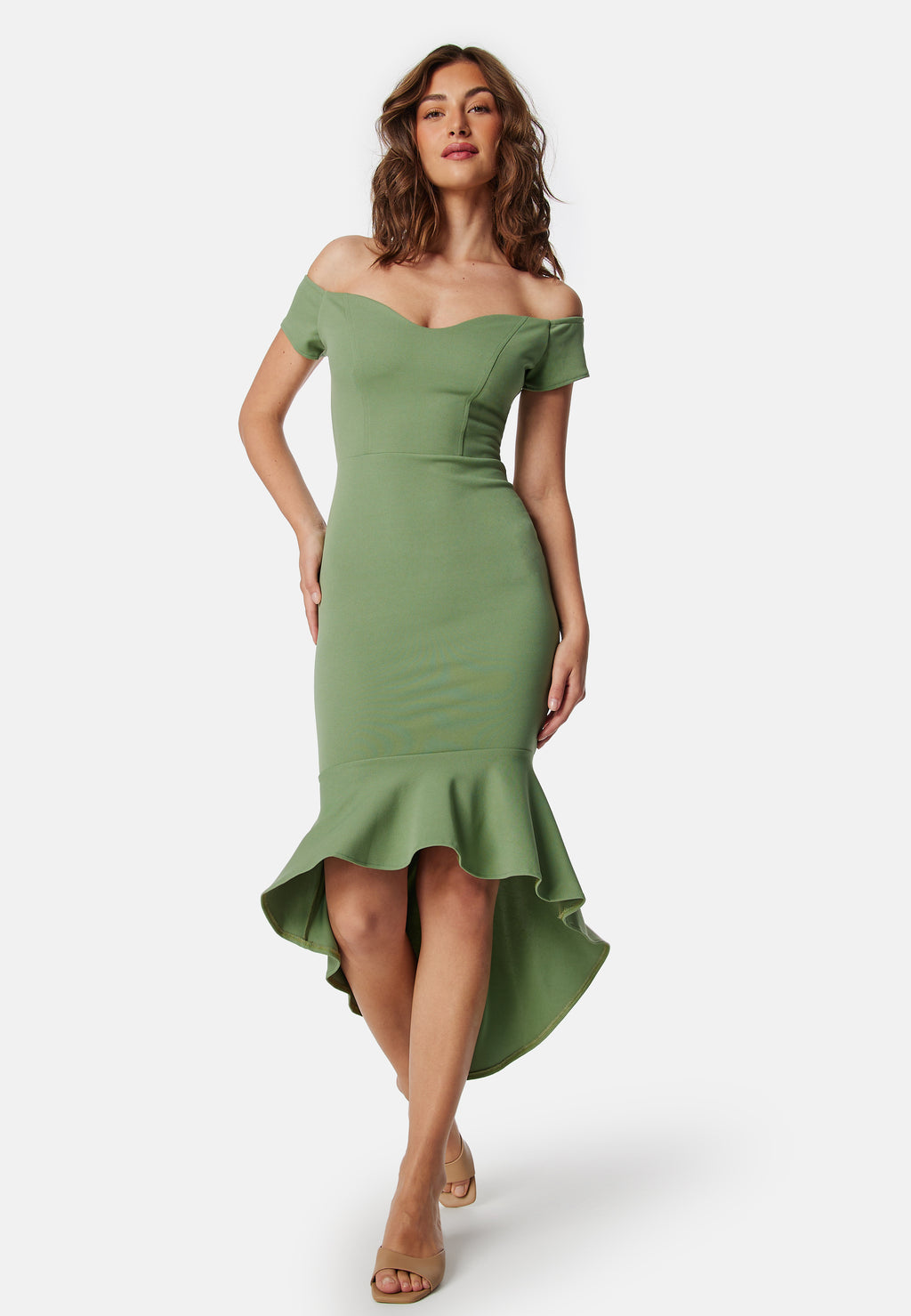 John zack - John Zack - Off Shoulder Frill High Low Dress Dusty green
