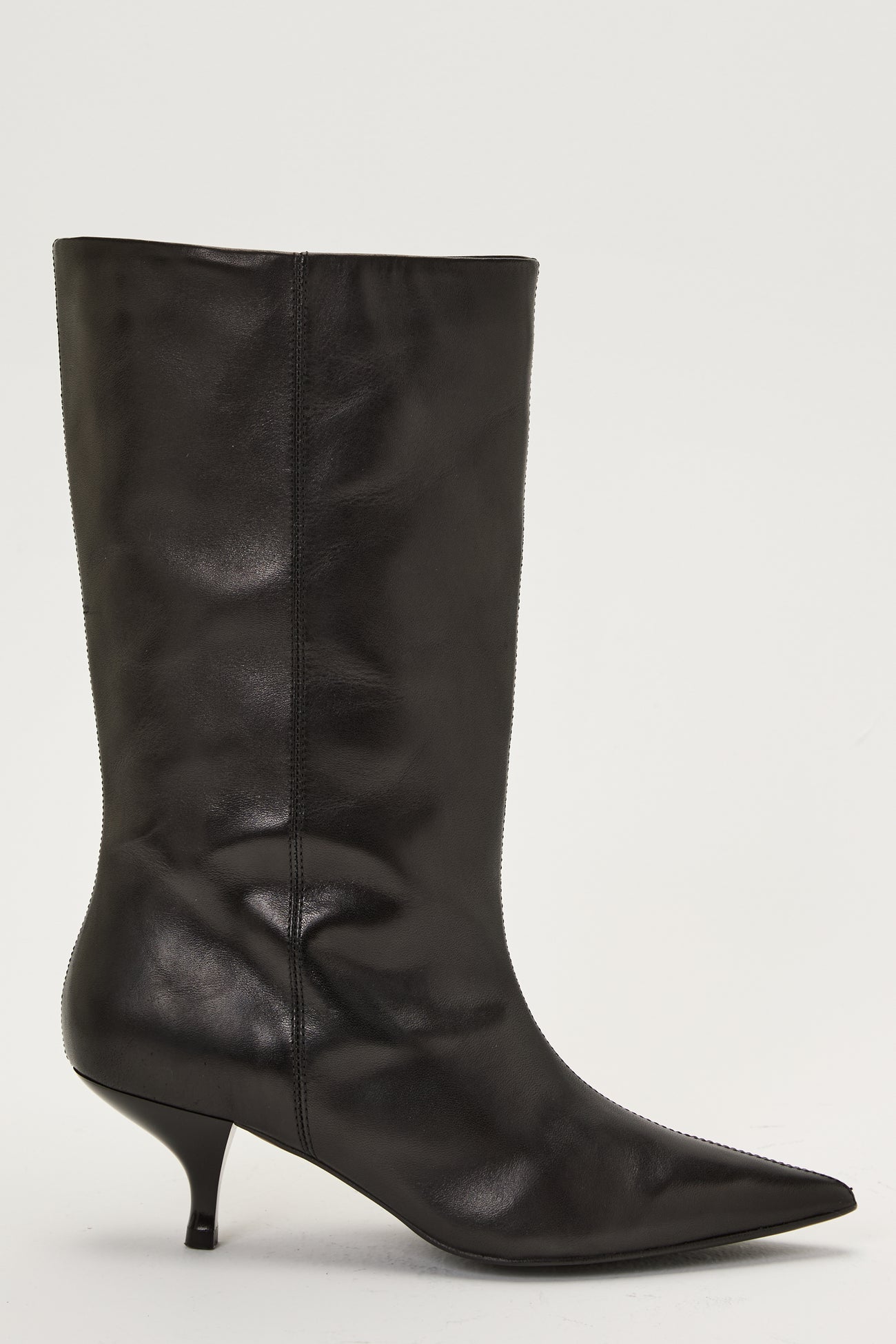 Make way - MAKE WAY - Heeled Mid Knee Leather Boot Black