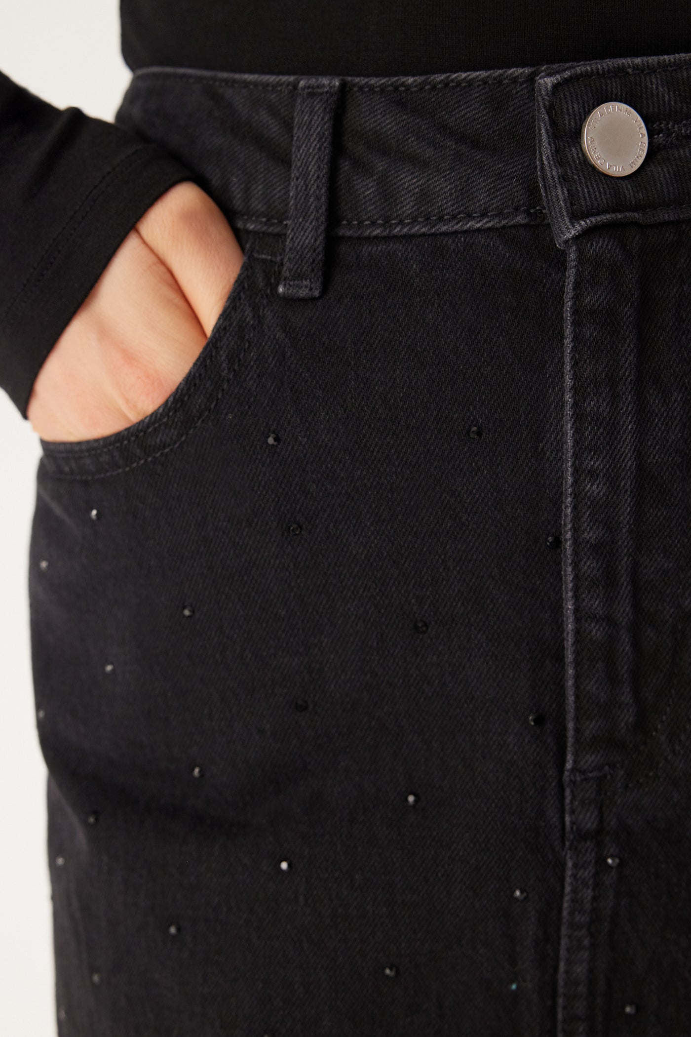 Vila - VILA - Vijaf Hw Beading Midi Skirt Black Denim Detail:BEADING